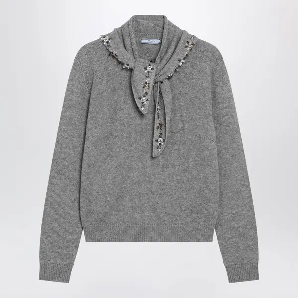 Prada Grey Cashmere Sweater With Jeweled Scarf - Gray