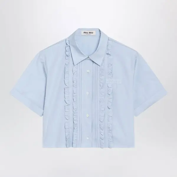 Miu Miu Cropped Poplin Shirt With Ruffles - Blue