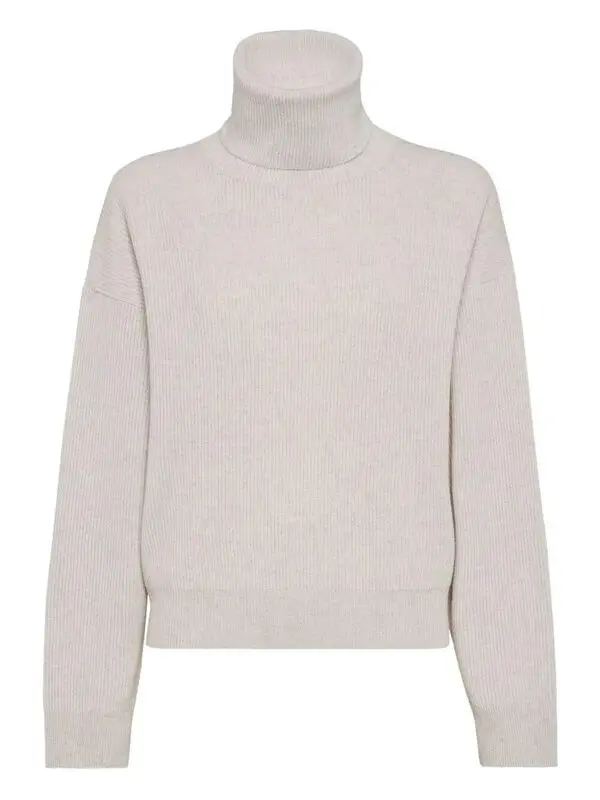 Brunello Cucinelli Cashmere Blend English Ribbed Turtleneck Sweater - Gray
