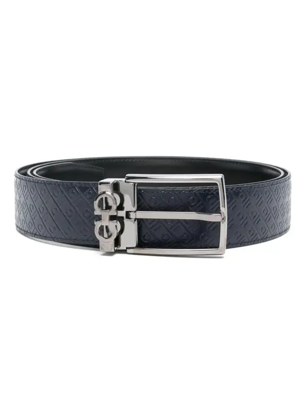 FERRAGAMO Double Gancini Logo-debossed Leather Belt - Blue