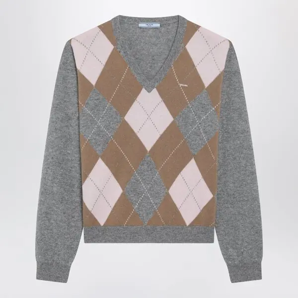 Prada Grey Cashmere Argyle Sweater - Gray