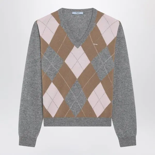 Prada Grey Cashmere Argyle Sweater - Gray