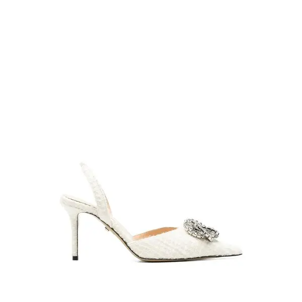 Mach & Mach Tweed Crystal Embellished Slingback High Stiletto Heel - Cream