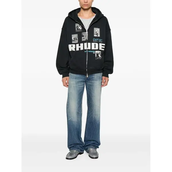 Rhude Logo Print Zip-up Hoodie - Black