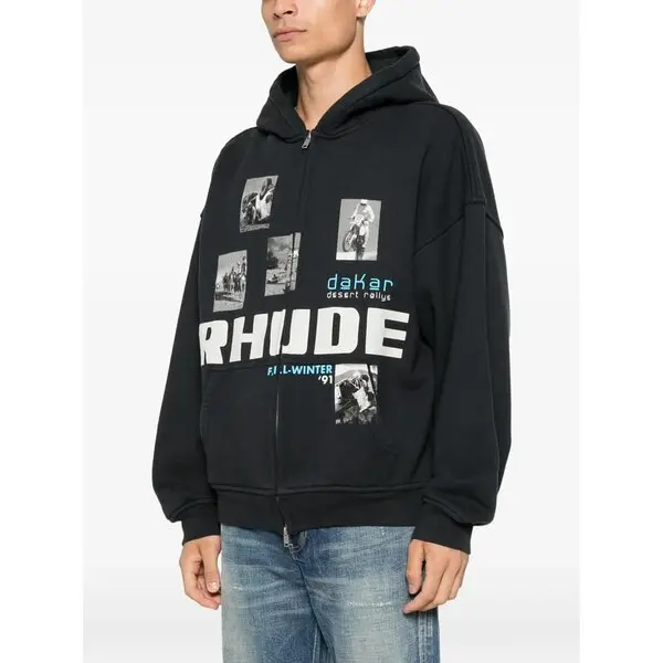 Rhude Logo Print Zip-up Hoodie - Black