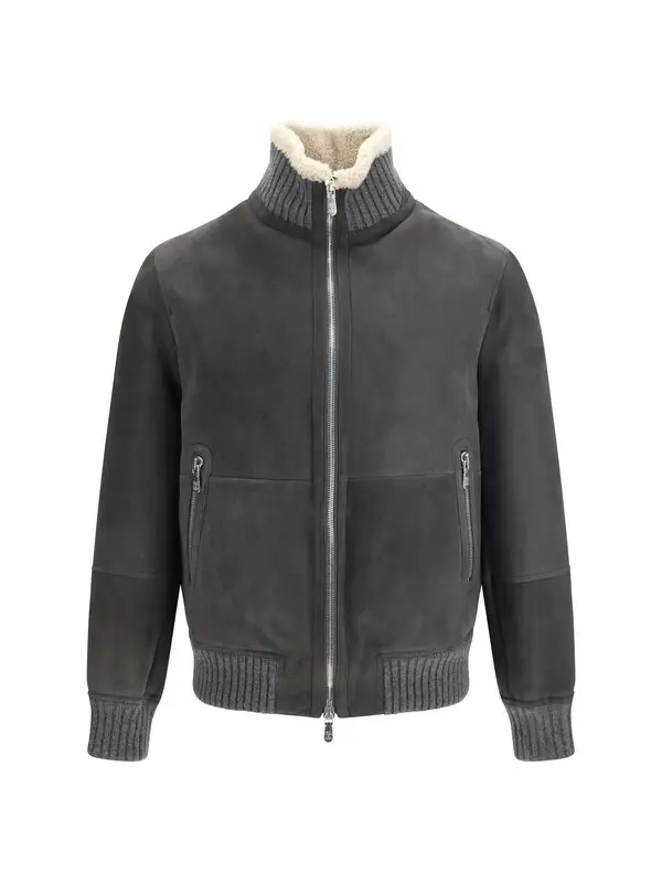Brunello Cucinelli Shearling Jacket With Zip And High Neck - Gray