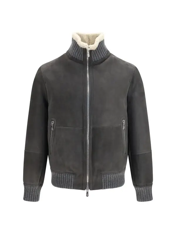 Brunello Cucinelli Shearling Jacket With Zip And High Neck - Gray