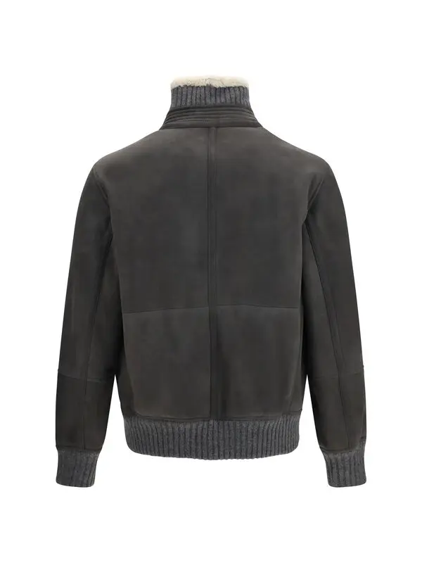 Brunello Cucinelli Shearling Jacket With Zip And High Neck - Gray