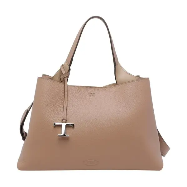 TOD'S Medium Leather Handbag With T Timeless Charm - Black