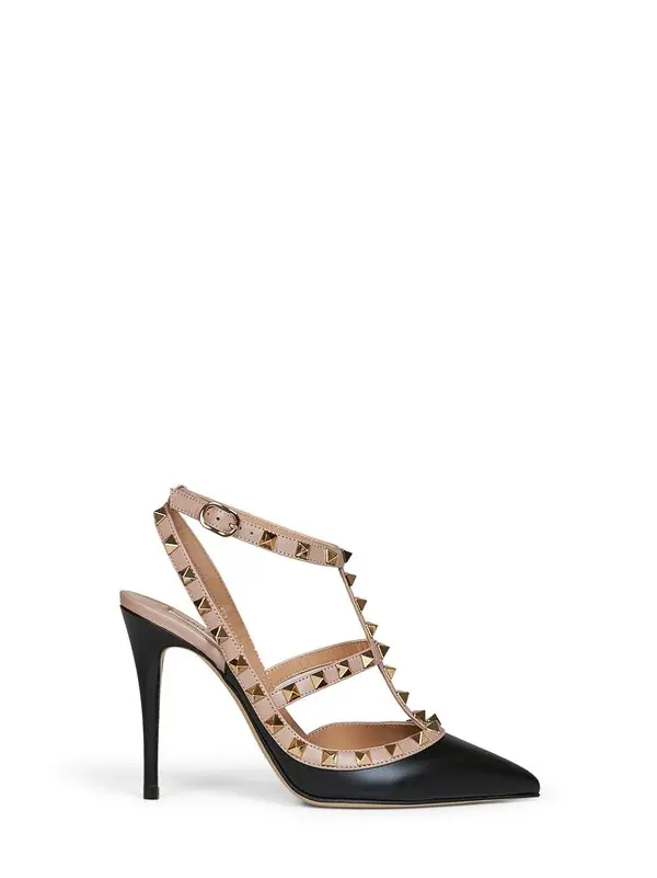 Valentino Garavani Black Leather Rockstud 100mm Pumps With Blush Straps - Multicolor