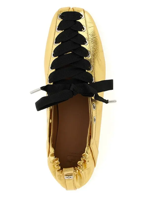 GANNI Craquelé Metallic Pélinova® Lace-up Ballet Flats - Gold