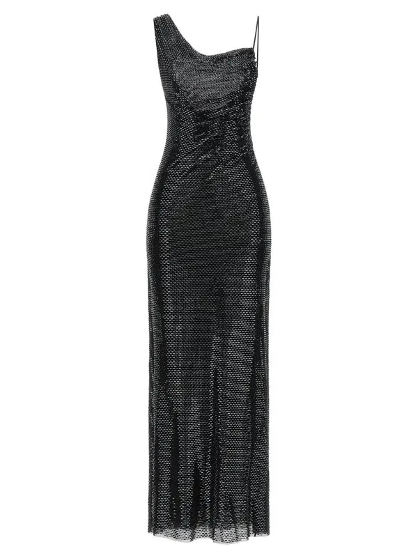 SELF-PORTRAIT Rhinestone Draped Tulle Maxi Dress