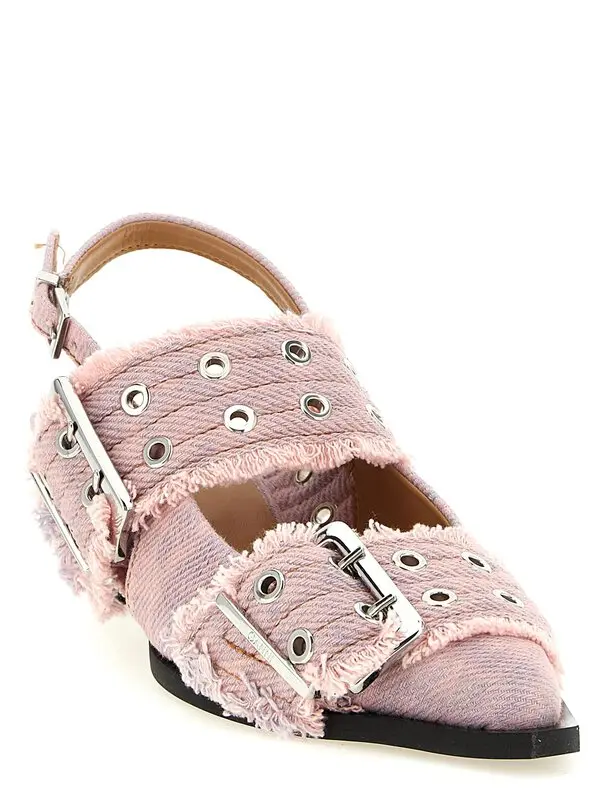 GANNI Buckled Fringed Denim Slingback Pumps - Pink