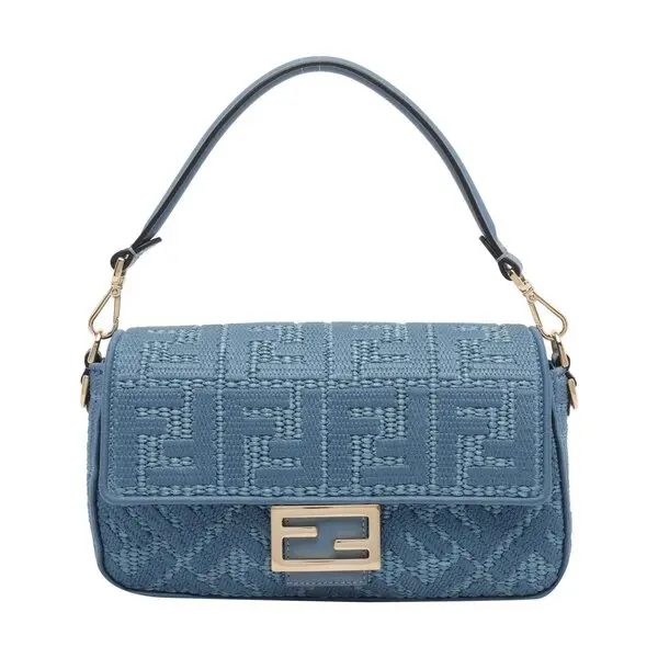Fendi Braided Raffia Baguette With Ff Embroidery - Blue