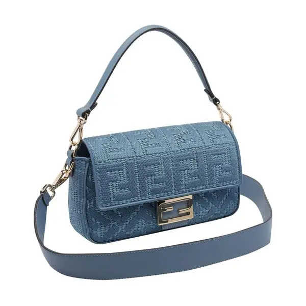 Fendi Braided Raffia Baguette With Ff Embroidery - Blue