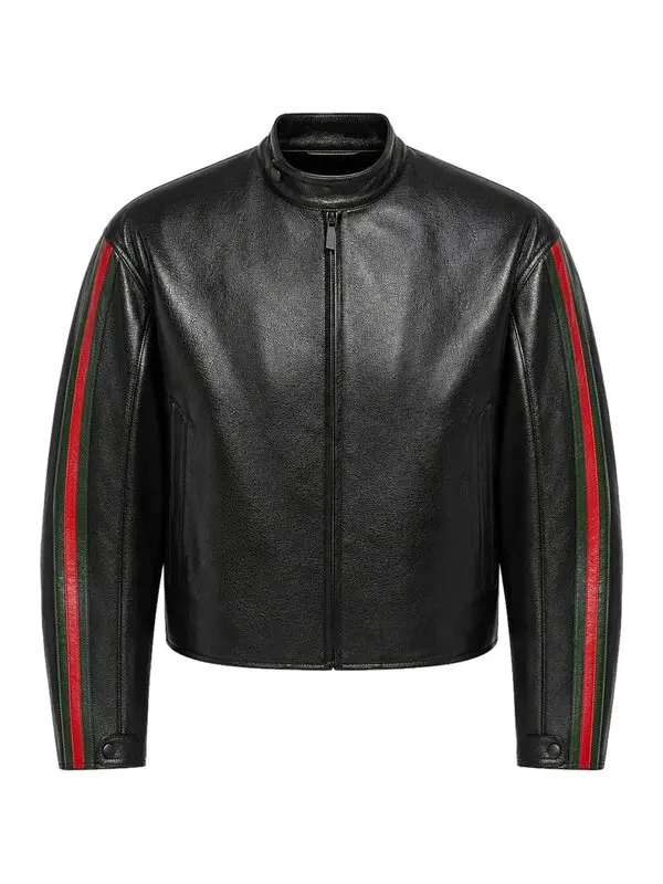 Gucci Leather Biker Jacket With Web Detail - Black