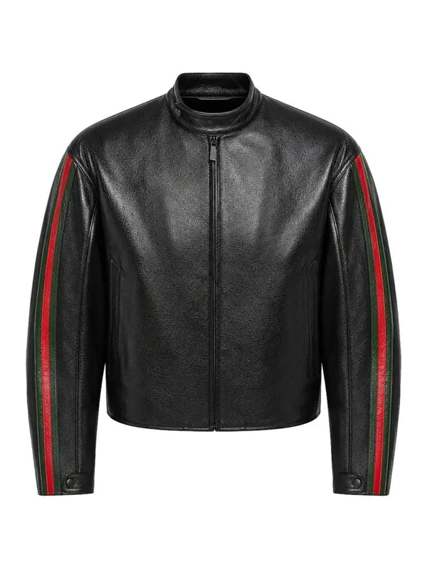 Gucci Leather Biker Jacket With Web Detail - Black