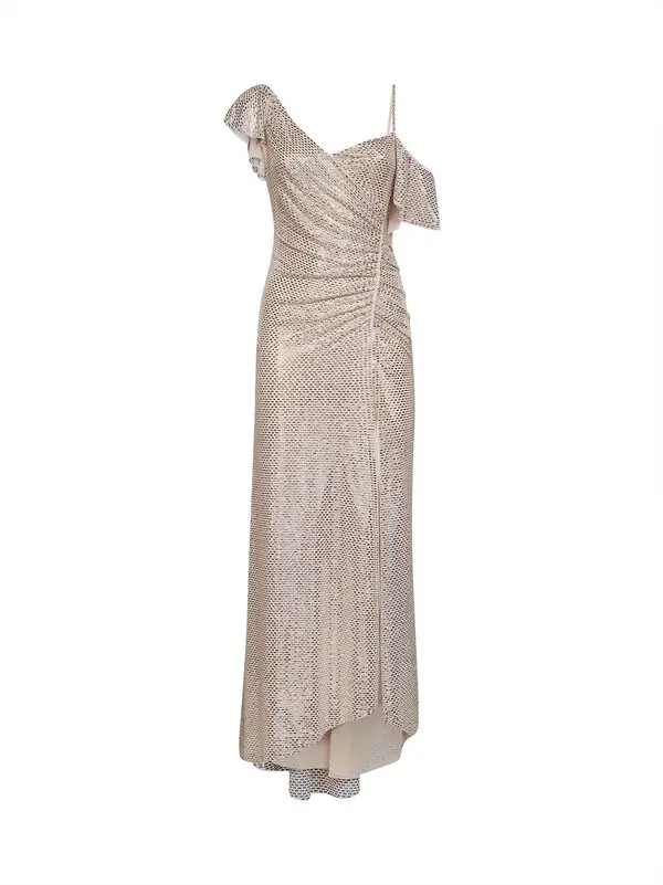 SELF-PORTRAIT Champagne Rhinestone-embellished Tulle Draped Maxi Dress - Multicolor