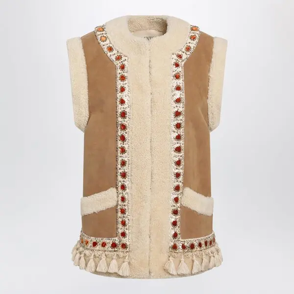 Valentino Garavani Camel Shearling And Suede Vest - Cream