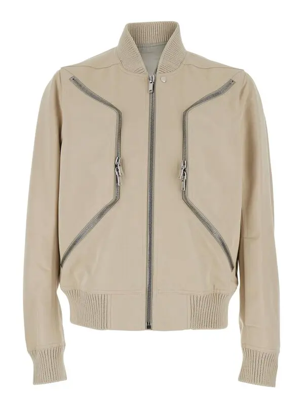 Rick Owens Heizer Flight Bomber Jacket With Bomber Collar And Two Zip Pockets On The Front In Beige Cotton Blend For - Cream