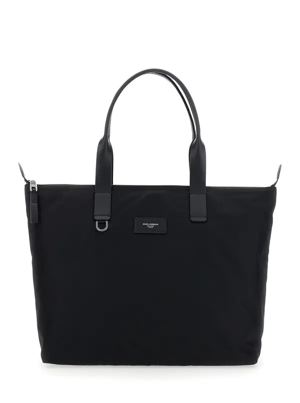 Dolce & Gabbana Tote Bag With Two Top Handles And Logo Plaque On The Front In Tech Fabric - Black