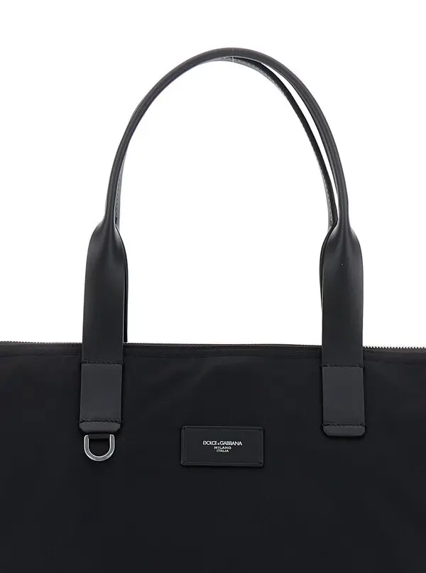Dolce & Gabbana Tote Bag With Two Top Handles And Logo Plaque On The Front In Tech Fabric - Black