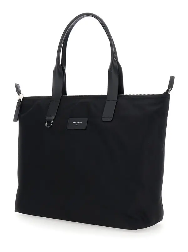 Dolce & Gabbana Tote Bag In Tech Fabric With Logo Plaque - Black
