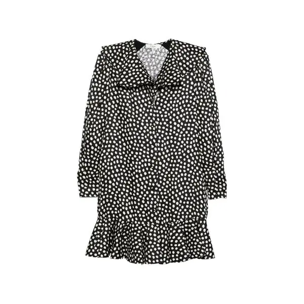 Chloé Polka Dot Ruffled Hem V-neck Long Sleeve Dress - Black