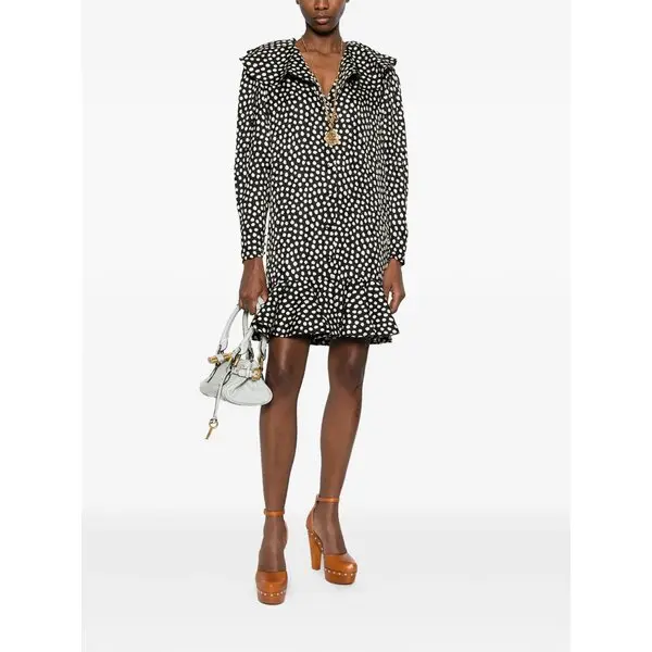 Chloé Polka Dot Ruffled Hem V-neck Long Sleeve Dress