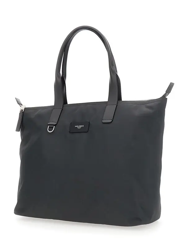 Dolce & Gabbana Grey Tote Bag With Two Top Handles And Logo Plaque On The Front In Tech Fabric - Gray