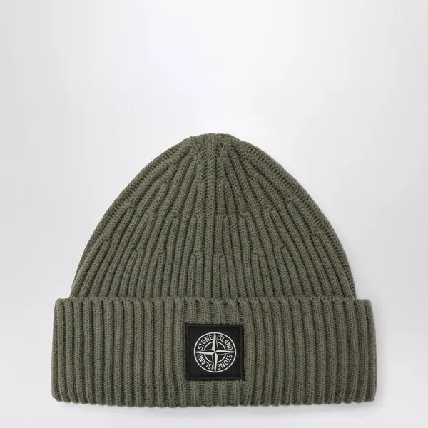 Stone Island Ribbed Wool Beanie With Compass Patch - Green