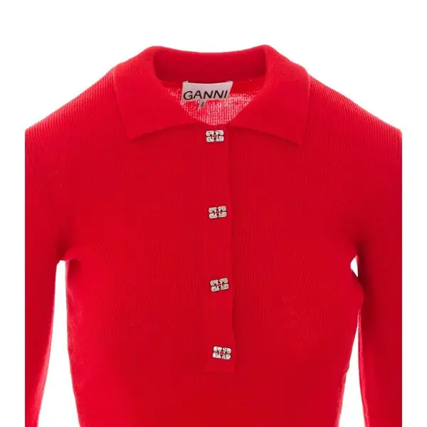 GANNI Merino Wool Polo Shirt - Red