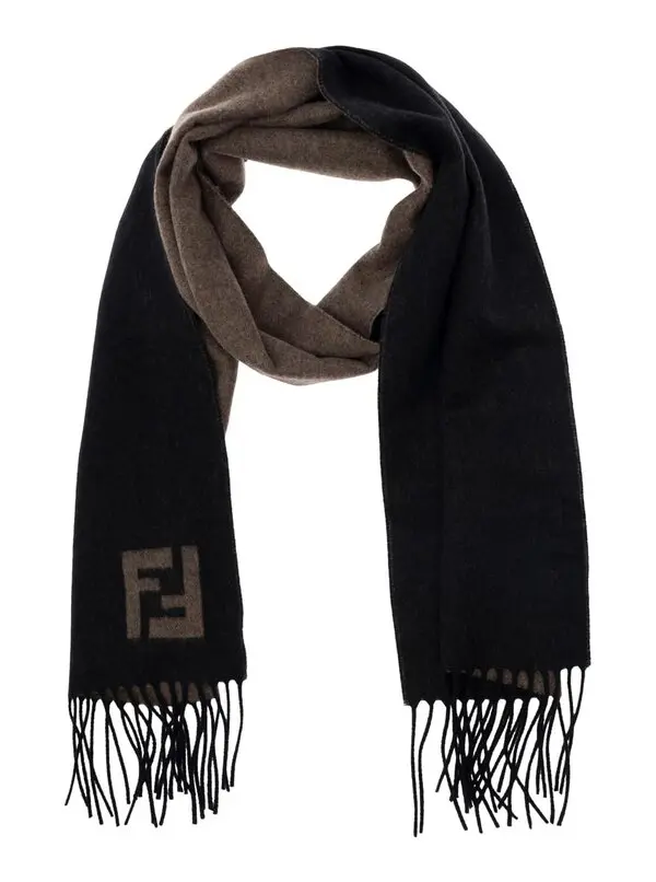 Fendi Fringed Edge Scarf With Ff Embroidery On Front In Wool And Cashmere For - Black