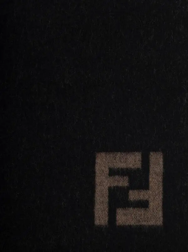 Fendi Fringed Edge Scarf With Ff Embroidery On Front In Wool And Cashmere For - Black