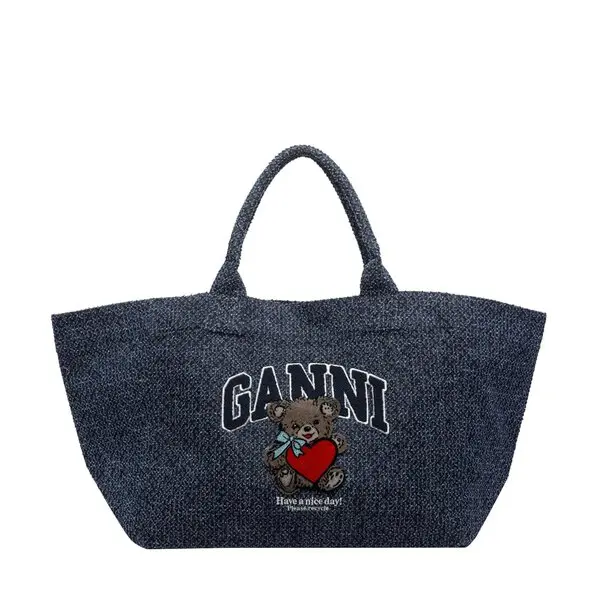 GANNI Xxl Bear Tweed Denim Shopper Bag - Blue