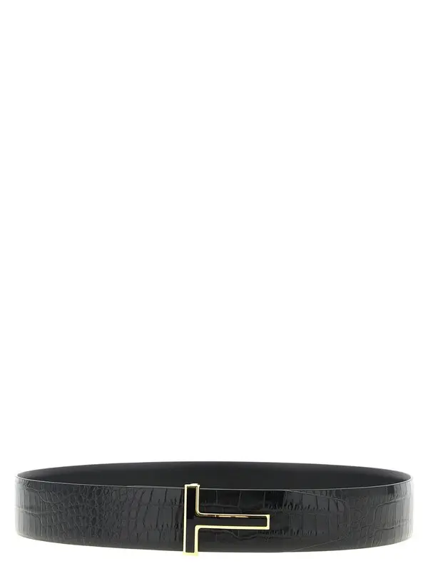 TOM FORD Reversible Crocodile Effect Leather Belt - Black