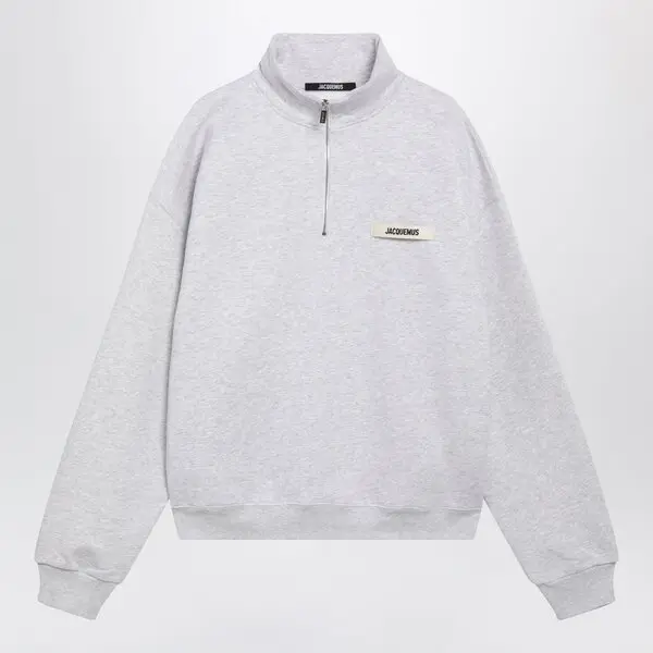 Jacquemus Light Grey Zip-neck Sweatshirt With Gros Grain Logo - Gray