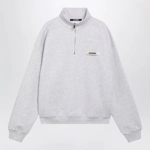 Jacquemus Light Grey Zip-neck Sweatshirt With Gros Grain Logo - Gray