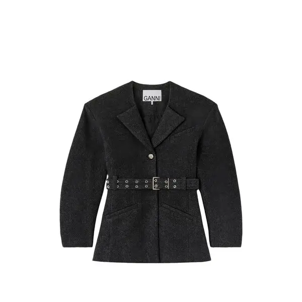 GANNI Wool Single-button Belted Jacket - Gray