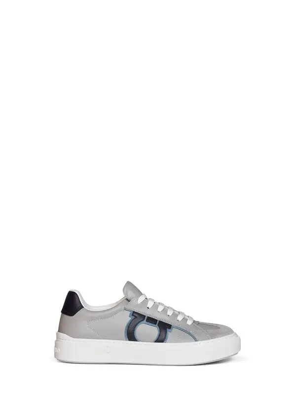 FERRAGAMO Grey Calf Leather Gancini Sneakers