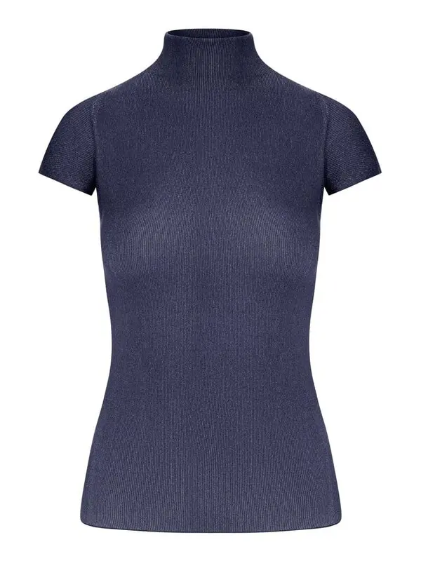 Giorgio Armani Ribbed Viscose Short Sleeve Turtleneck Top - Blue