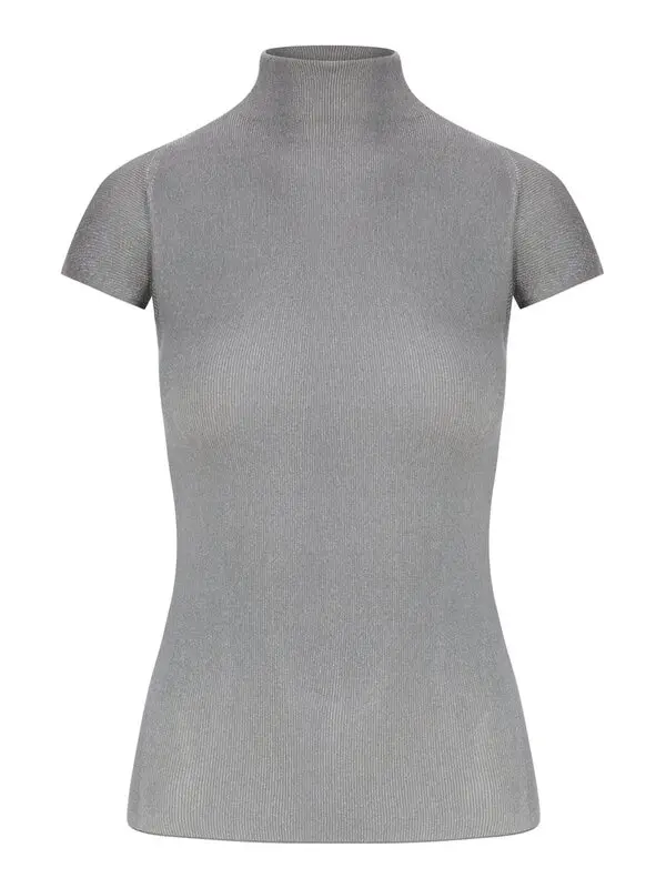 Giorgio Armani English Ribbed Viscose Turtleneck Top With Short Sleeves - Silver