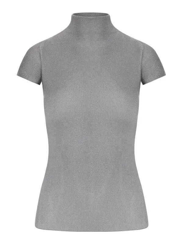 Giorgio Armani English Ribbed Viscose Turtleneck Top With Short Sleeves - Silver