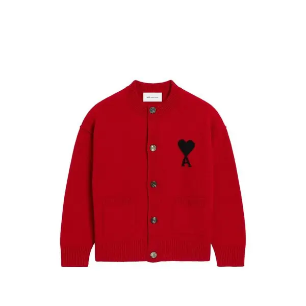AMI Paris Wool De Coeur Intarsia-knitted Cardigan - Red