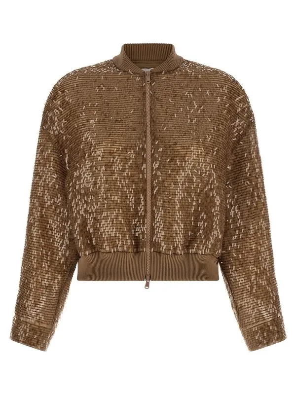 Brunello Cucinelli Sequin Embroidered Zip Cardigan - Brown