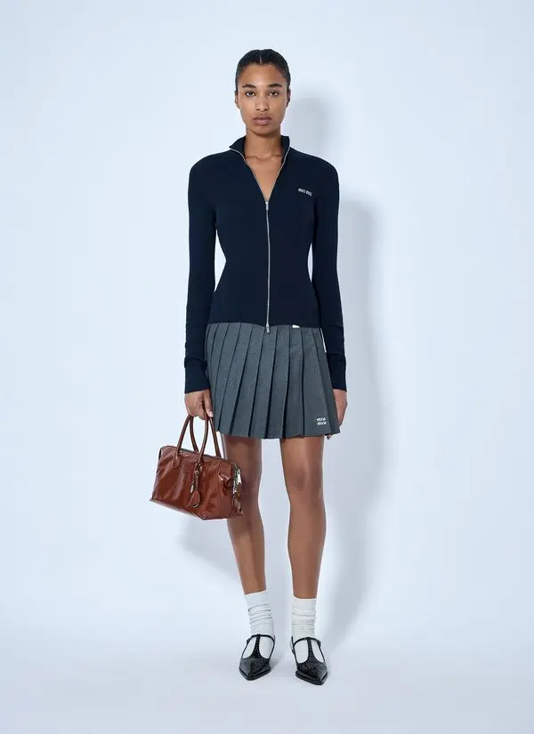 Miu Miu Ribbed-knit Logo-embroidered Cardigan - Blue