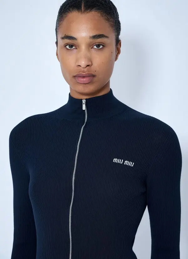 Miu Miu Ribbed-knit Logo-embroidered Cardigan - Blue