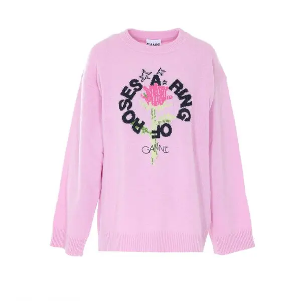 GANNI Ring Of A Roses Print Logo Sweater - Pink