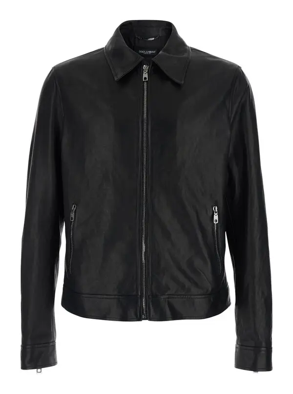 Dolce & Gabbana Black Jacket With Classic Collar And Logo Patch On The Back In Leather For - Multicolor