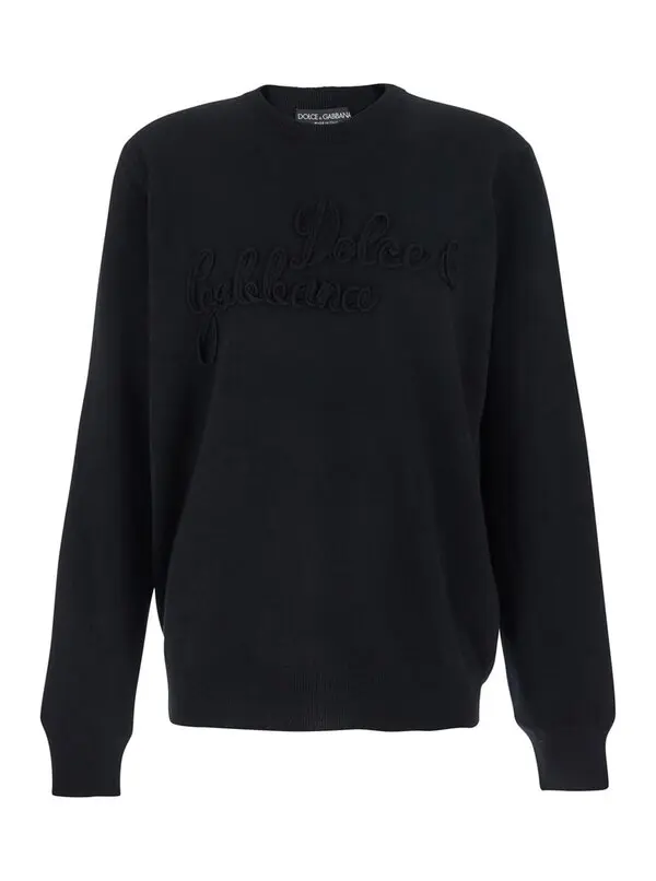 Dolce & Gabbana Crew Neck Sweater With Logo Lettering On The Front In Black Wool For - Multicolor